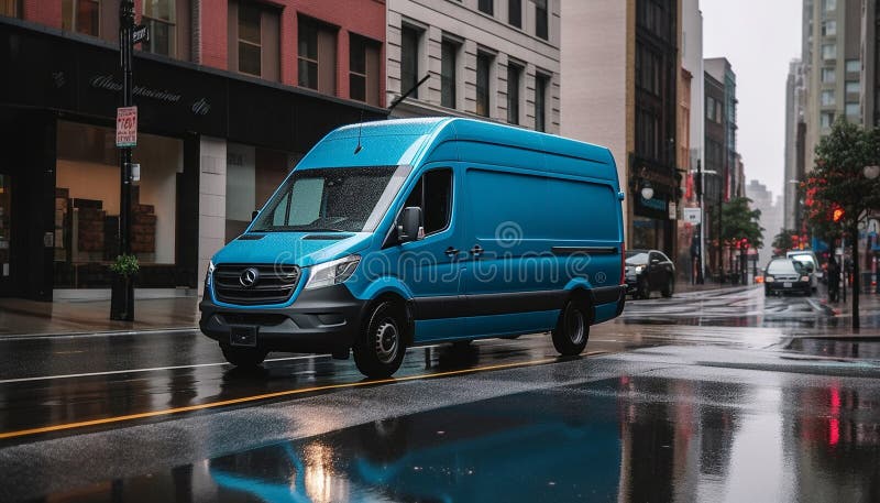 Blue Delivery Van Rushes through the Rain Generated by AI Stock Image ...