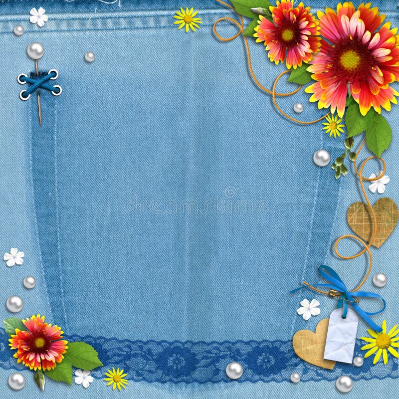Blue Denim Background with Flowers and Pearls. Stock Illustration ...
