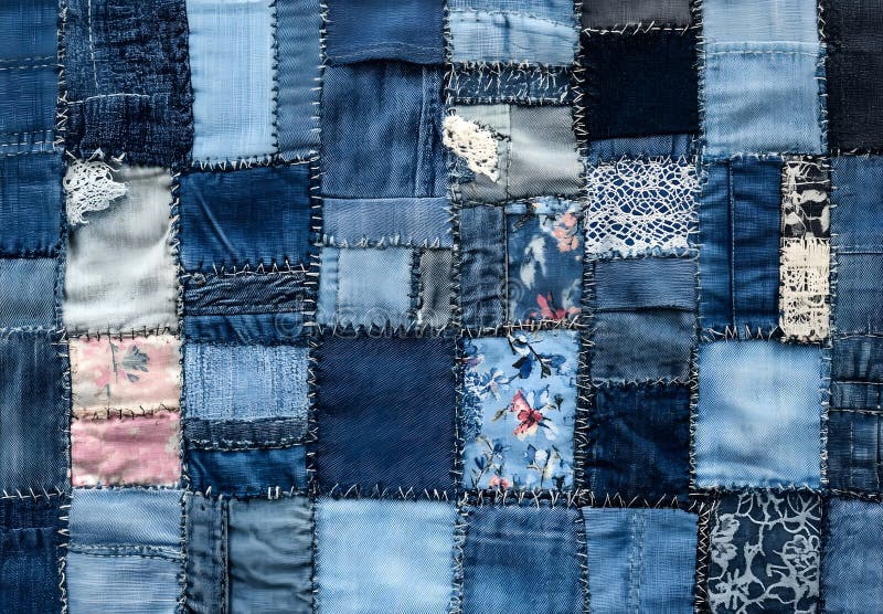 Blue Denim Patchwork Fabric Texture Stock Illustration - Illustration ...