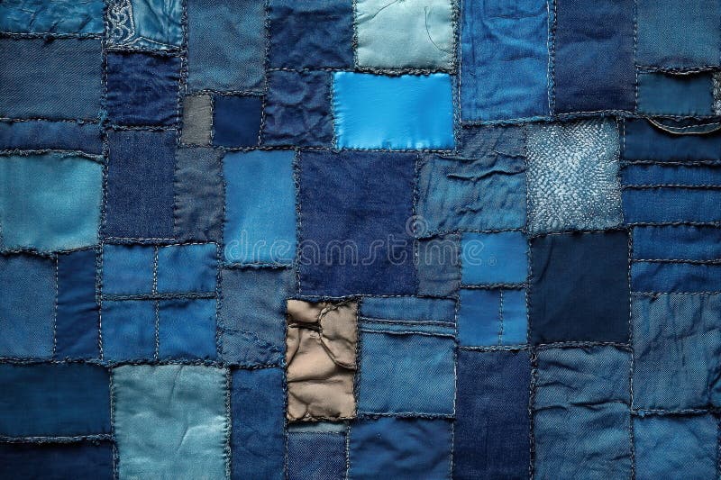 Blue Denim Patchwork Fabric Texture. Pieces of Different Shades of Blue Denim Sewn Together ...