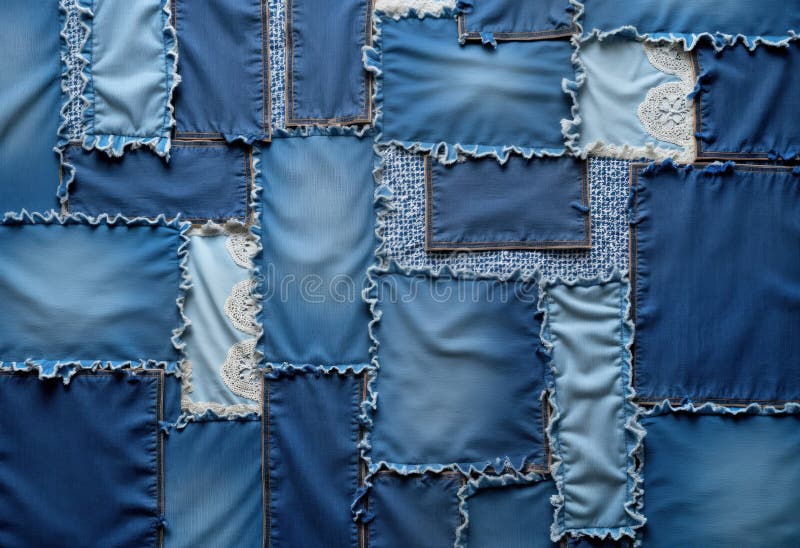 Blue Denim Patchwork Fabric with Texture of Various Shades. Rectangular ...