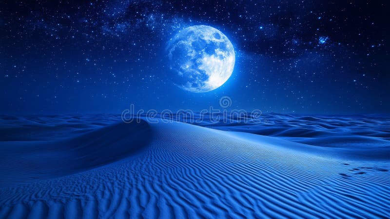 Blue Desert Night with Full Moon and Starry Sky Stock Illustration ...