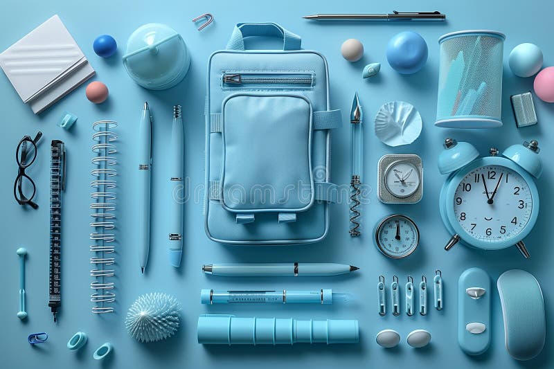 Blue Desk Accessories Flat Lay on a Blue Background Stock Image - Image ...