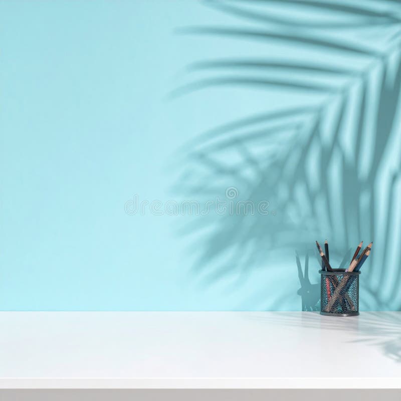 Blue Desk Minimal Workspace with Palm Leaf Shadow Stock Illustration ...
