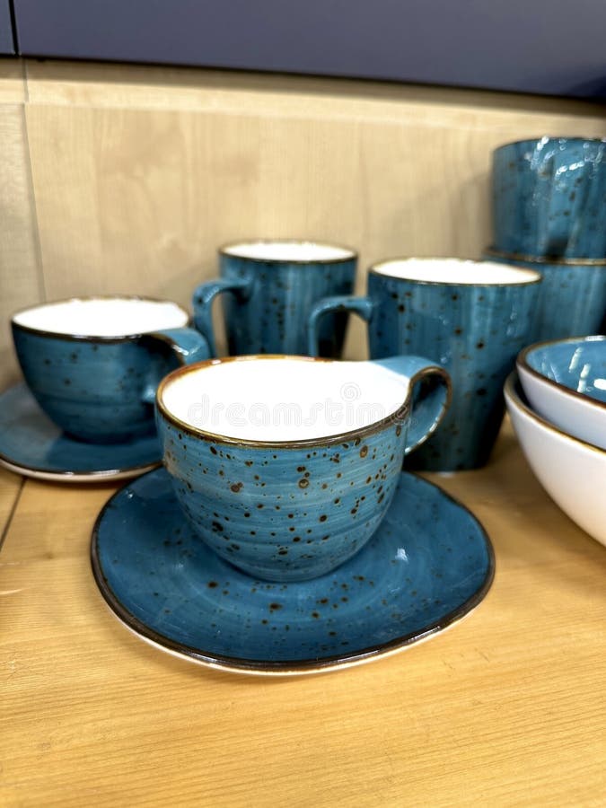 Blue Different Cups and Saucers in a Dish Store. Stock Image - Image of ...