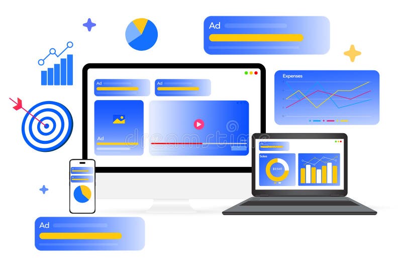 Blue Digital Advertisement Concept Design with Multiple Devices and ...