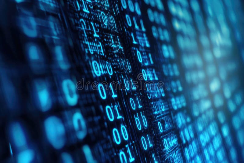 Blue Digital Binary Code Streaming on a Computer Screen, Creating a ...