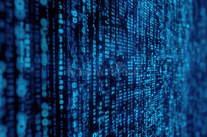 Blue Digital Binary Code Streaming on a Computer Screen, Creating a Futuristic and High-tech ...