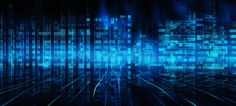 Blue Digital Binary Data on Computer Screen Background. Banner. Stock Image - Image of program ...