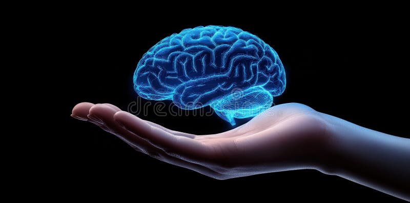 A Blue Digital Brain Hovering Above an Open Hand Stock Illustration ...
