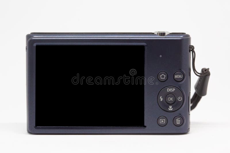 Blue Digital Camera from Back, Isolated on White, Black Empty Screen ...