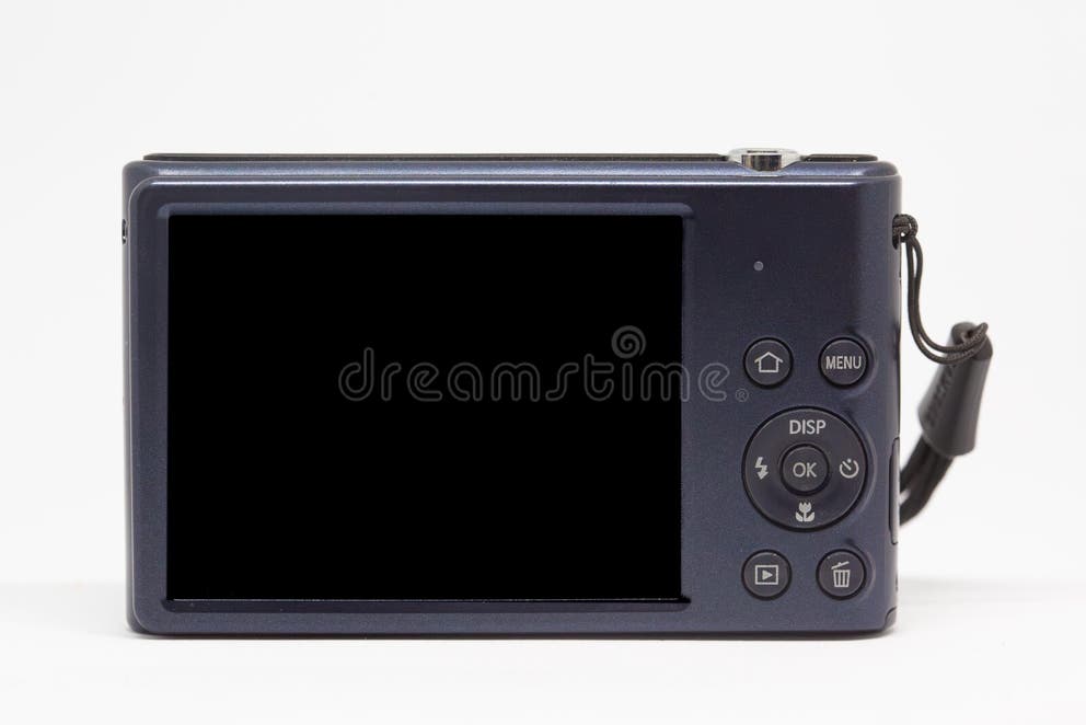 Blue Digital Camera from Back, Isolated on White, Black Empty Screen ...