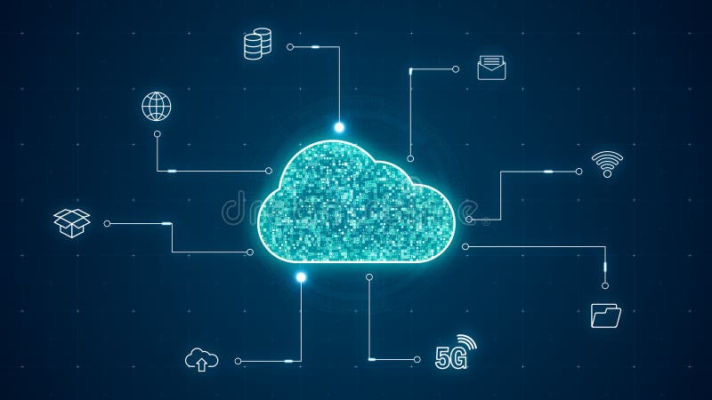 Blue Digital Cloud Conputing with Line Connection and Data Transfer To Futuristic Icon ...