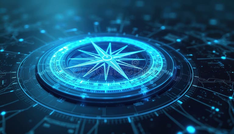 Blue Digital Compass Glows Against Tech Grid, Navigation, Direction in ...