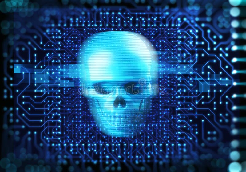 Blue Digital Cyber Skull and Cpu 3d Illustration Stock Illustration ...
