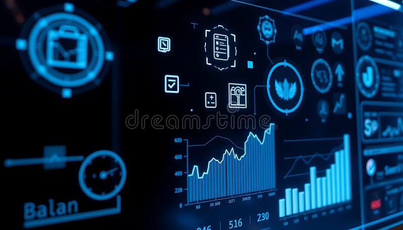 Blue Digital Dashboard with Charts and Icons, Stock Photo - Image of ...