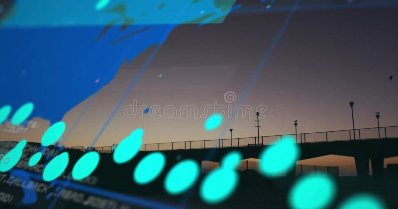 Blue Digital Data Animation Over Silhouette of Bridge at Sunset Stock ...