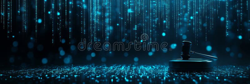 Blue Digital Data Filtering Down Behind a Gavel Resting on a Platform ...