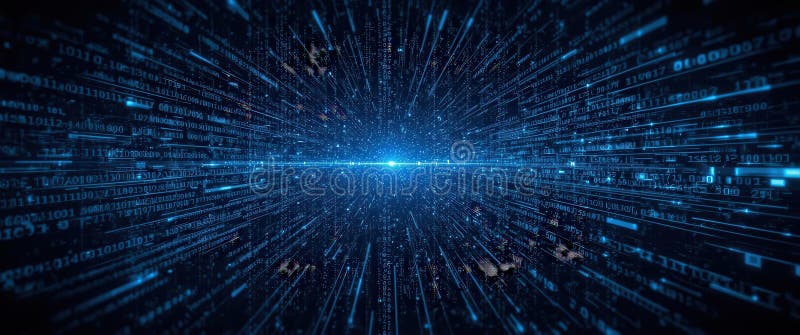 Blue Digital Data Streams Converge into a Glowing Point, Representing ...