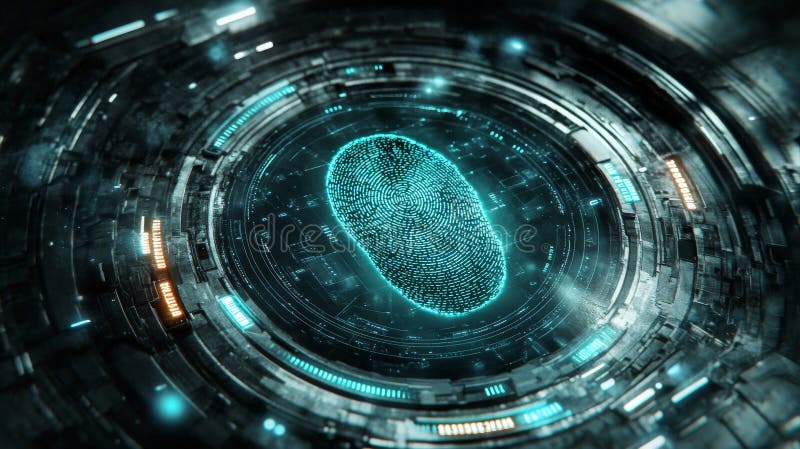 A Blue Digital Fingerprint Surrounded by Data Streams on a Blue Bokeh ...