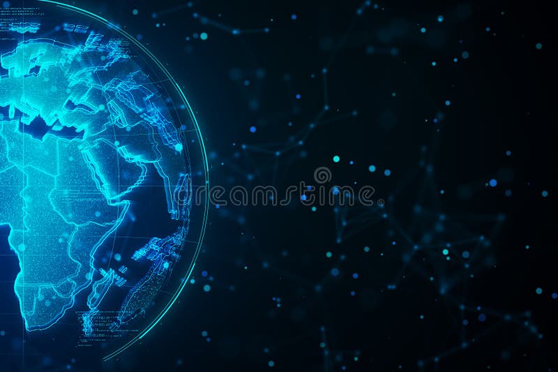 Digital Globe Hologram Over Modern Cityscape Background ...