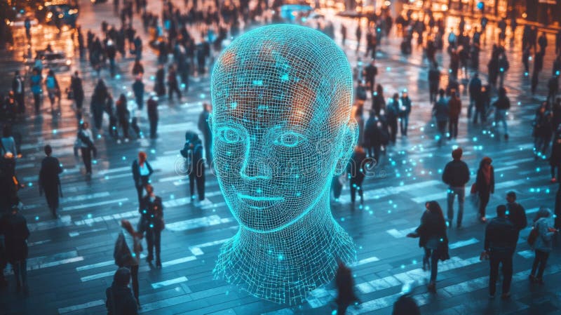 Blue Digital Head in a Dense City Crowd at Night Stock Illustration ...