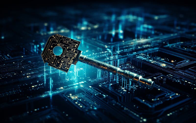 Blue Digital Key on Dark Coding Language. Generative AI Stock ...