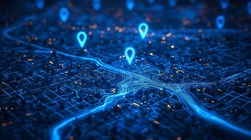 Blue Digital Map with Glowing Pins and Network Wires Stock Illustration ...