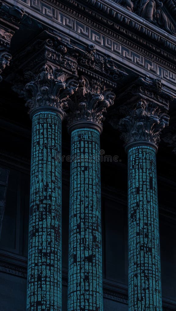 Blue Digital Network Forms Abstract Architectural Columns To Illustrate ...