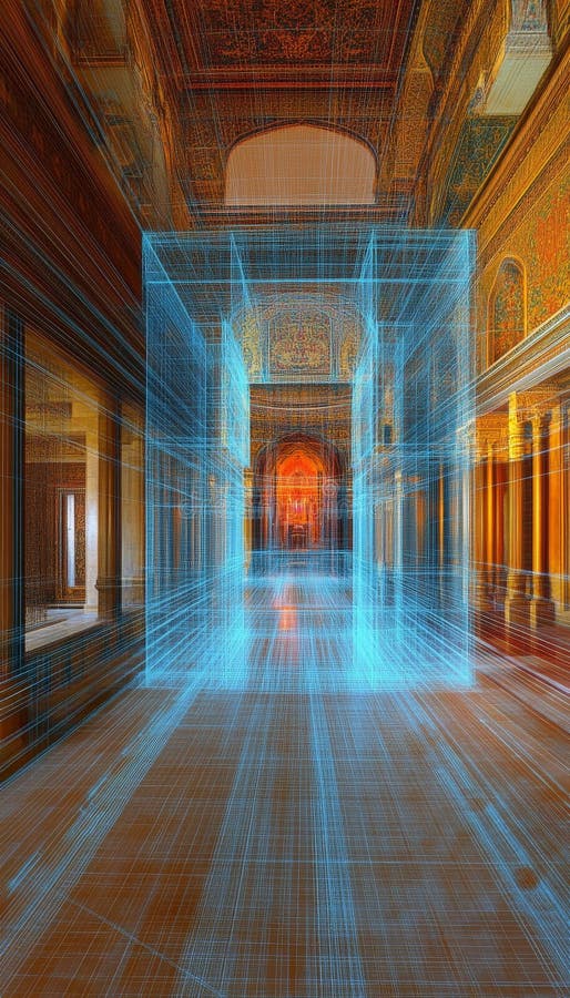 Blue Digital Network Outline of a Grand Hall, Architectural ...