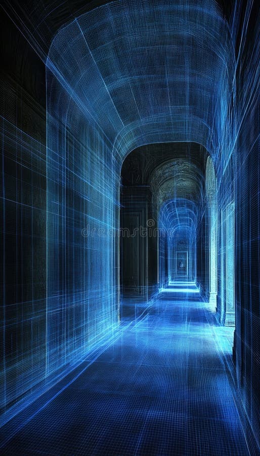 Blue Digital Network Outline of an Ornate Hallway, Architecture and ...