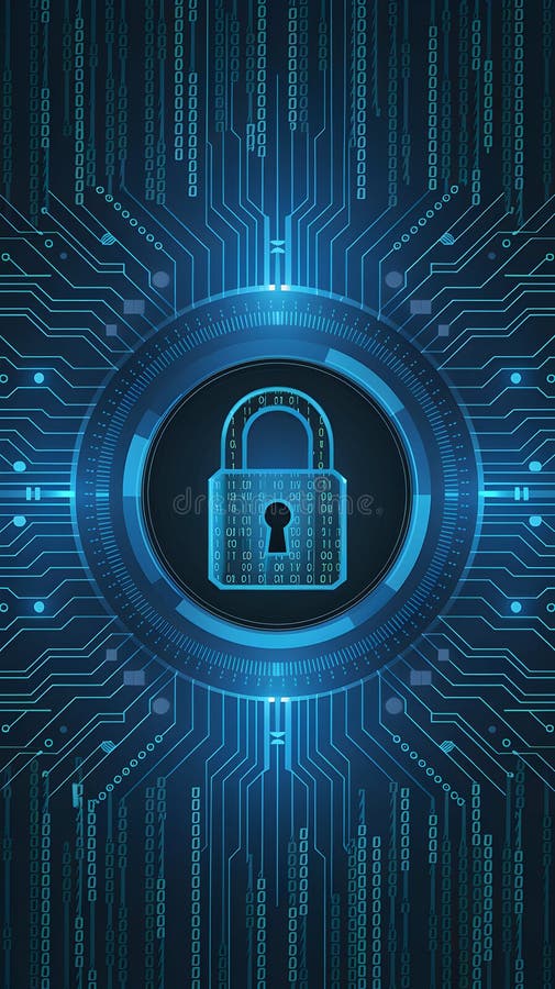 Blue Digital Scene with Padlock, Binary Code, and Emphasis on ...