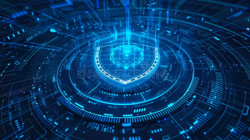 Blue Digital Shield on Abstract Dark Data Background, Cyber Protection ...