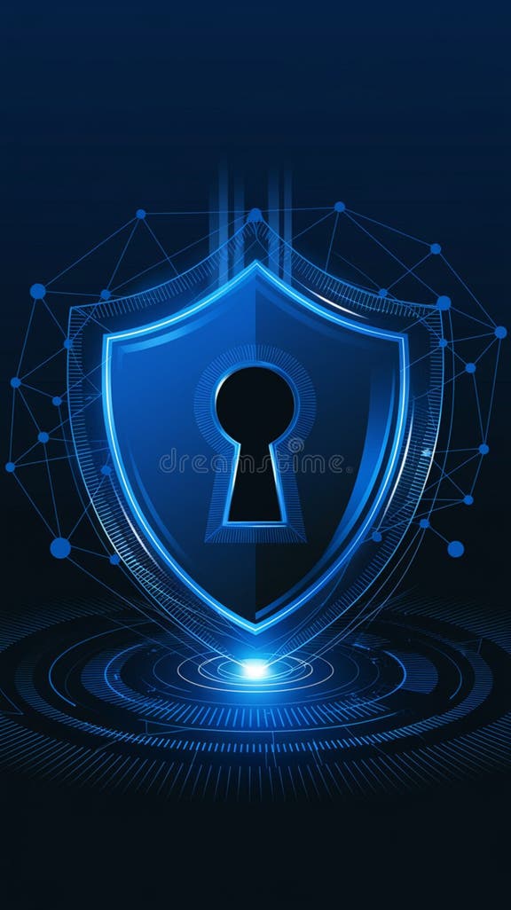 Blue Digital Shield with Central Keyhole, Interconnected Dots, Dark ...