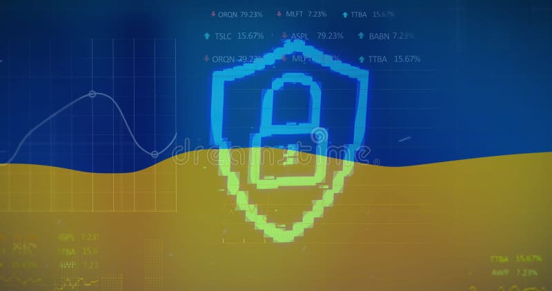 Blue Digital Shield with Lock Symbol Overlays Financial Graphs and Data ...
