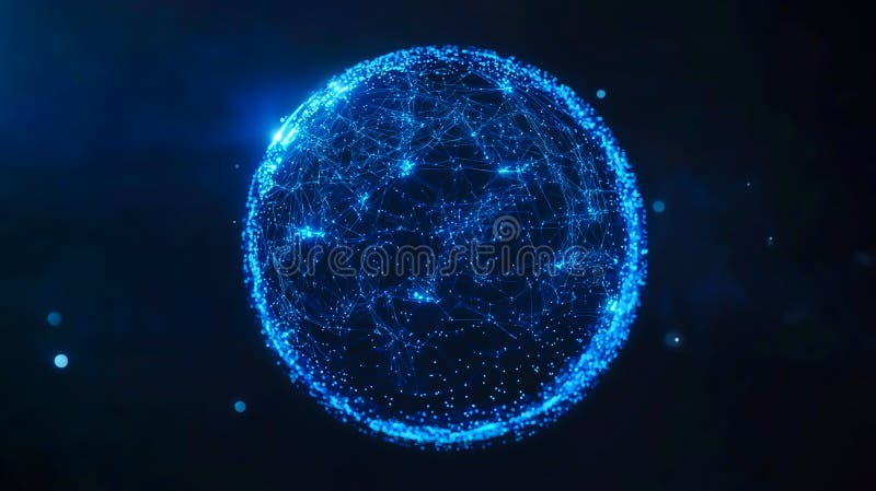 Blue Digital Sphere with Network Connections on Dark Background Stock ...