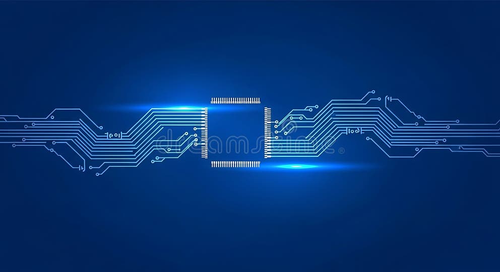 A Blue Digital-themed Background Features a Central Microchip Design ...