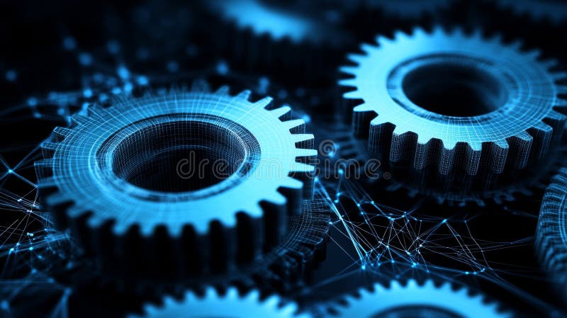 A Blue Digital Wireframe Hologram Featuring Gears and Cogs Set Against ...