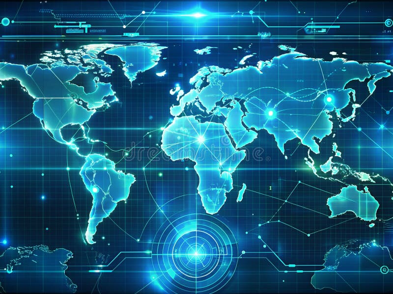 Blue Digital World Map with Interconnected Lines and Nodes. Stock Photo ...