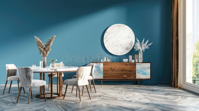 A Blue Dining Room with a Marble Table and Chairs Stock Photo - Image ...