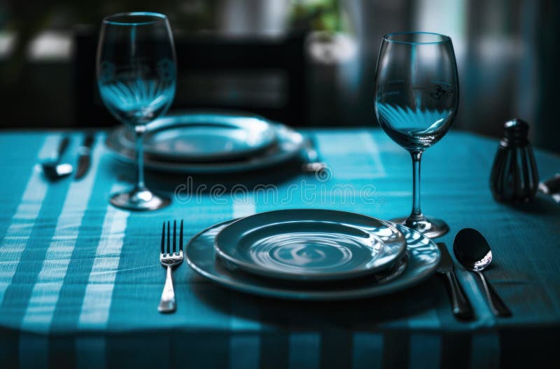 A Blue Dinner Table with Two Plates and Water Glasses on it Stock Photo ...