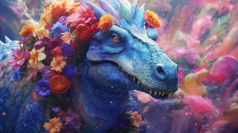 A Blue Dinosaur Style Creature Surrounded by Beautiful Floral. Stock ...