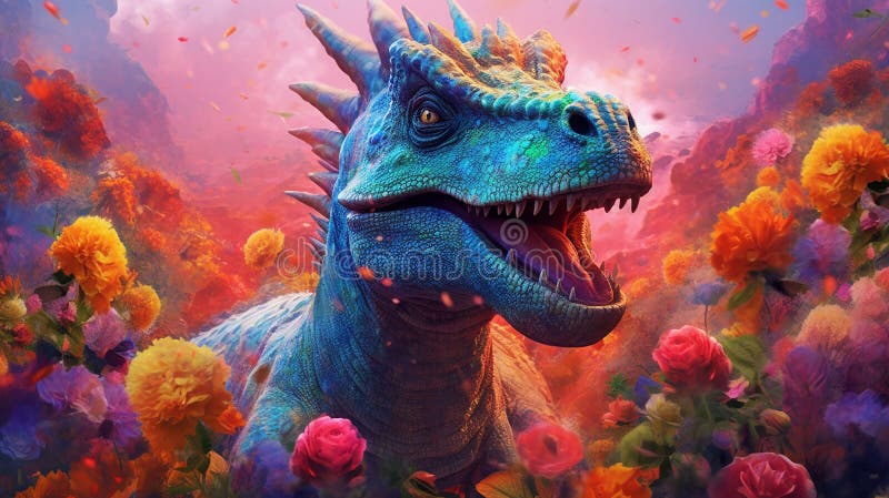 A Blue Dinosaur Style Creature Surrounded by Beautiful Floral. Stock ...