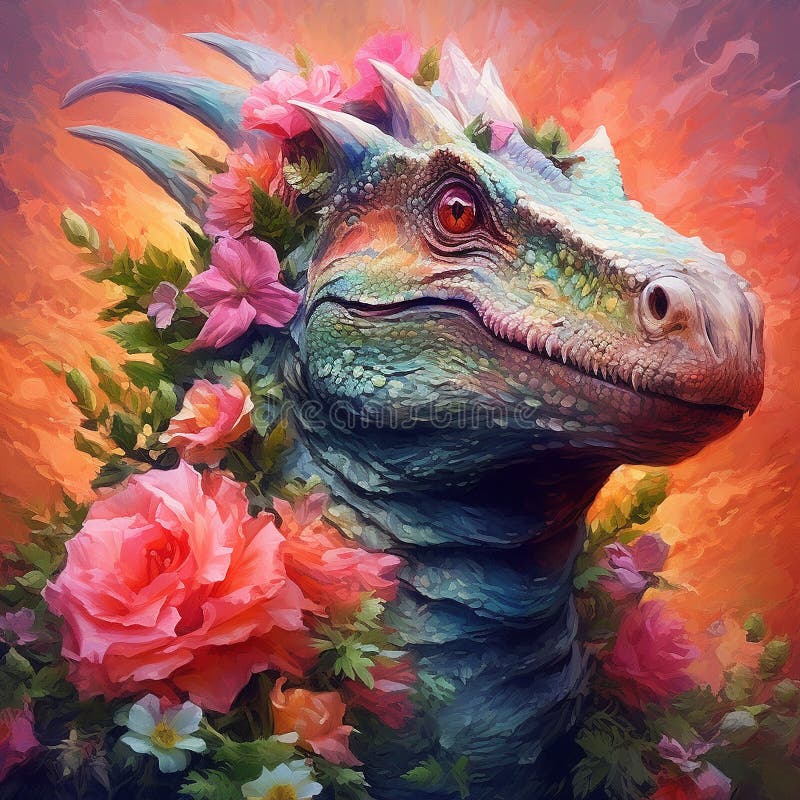A Blue Dinosaur Style Creature Surrounded by Beautiful Floral. Stock ...
