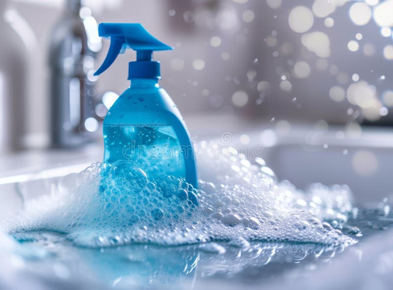 Blue Dish Soap Bottle Amidst Soap Suds and Water Sparkle. Stock Image ...