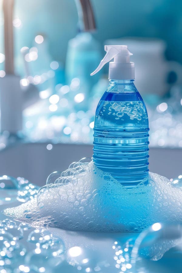 Blue Dish Soap Bottle Amidst Soap Suds and Water Sparkle. Stock Photo ...