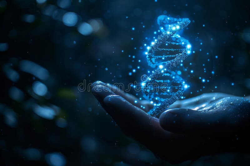 Blue DNA Helix Surrounded by Digital Particles, Showcasing the Dynamic ...