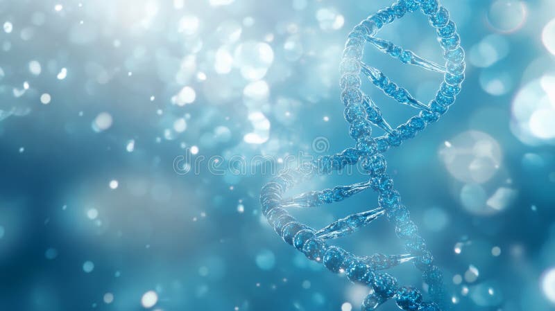 Blue DNA Strand on a Blurred Abstract Background with Glowing Particles ...