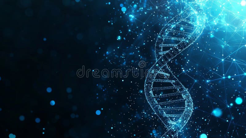 A Blue DNA Strand on a Dark Background with Particles Representing ...