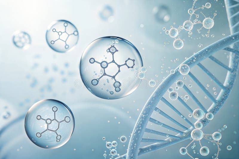Blue DNA Strand with Molecular Structures and Bubbles on a Light Blue ...